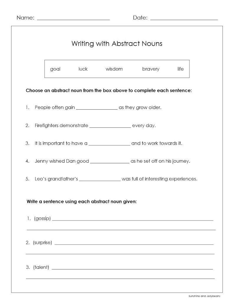Abstract Nouns - 3 Worksheets - Grades 3-4 - Great Practice! - CCSS ...