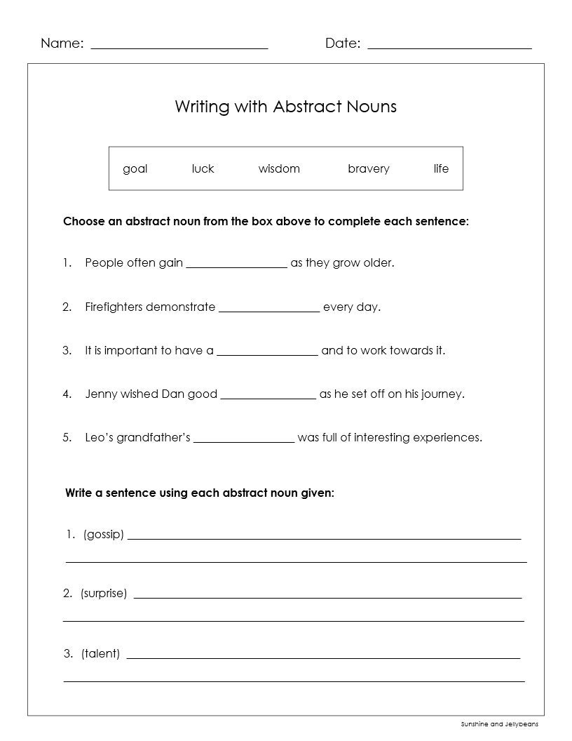 Abstract Nouns - 3 Worksheets - Grades 3-4 - Great Practice! - CCSS ...