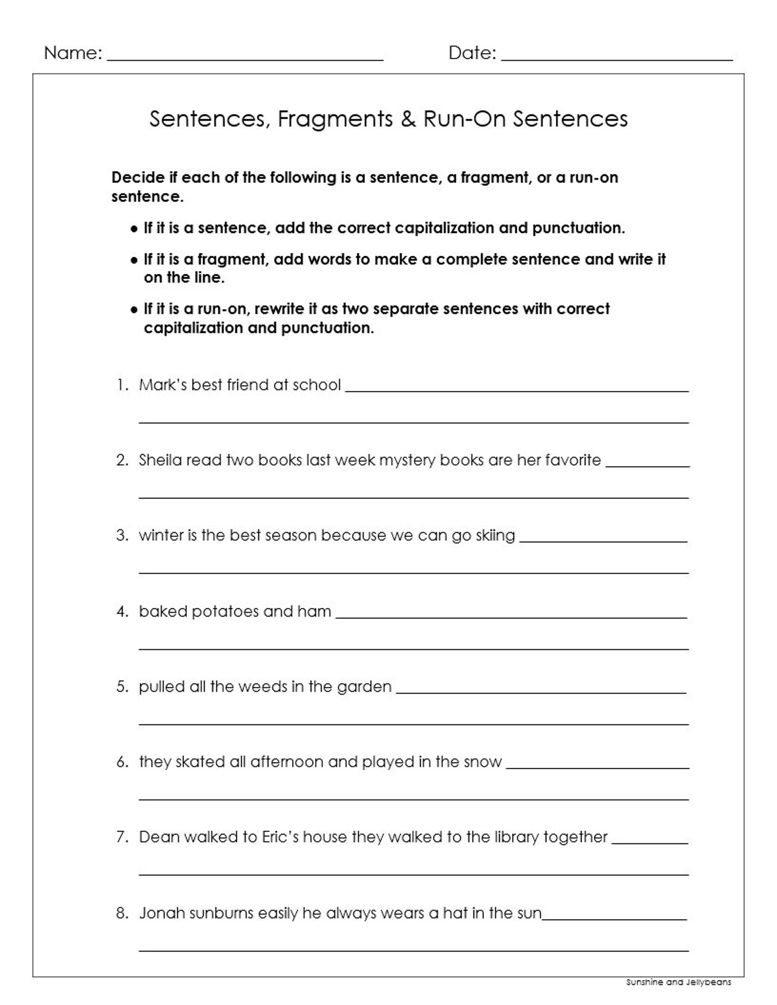 Sentences, Fragments, Run-on Sentences - Writing, Grammar 4 No-prep ...