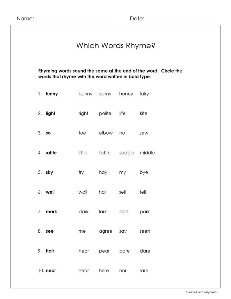 Rhyming Words - 4 Worksheets - Great Practice! - Grades 1, 2 and 3 ...