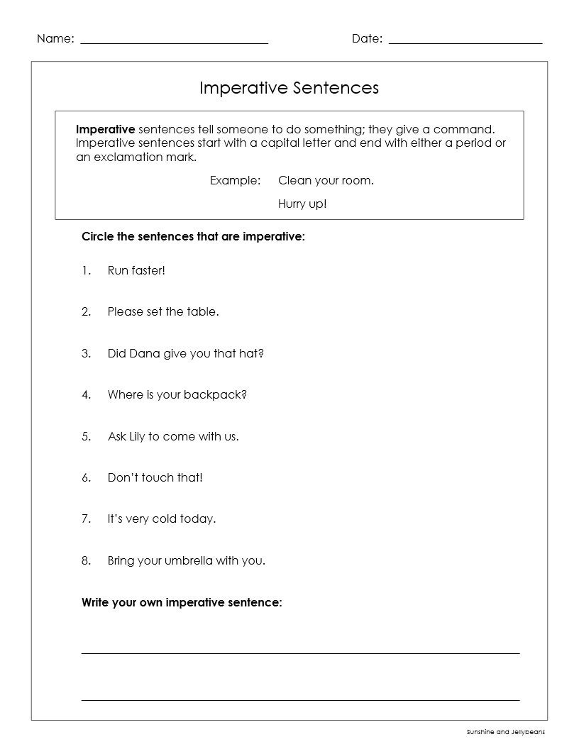 Imperative Sentence Worksheets