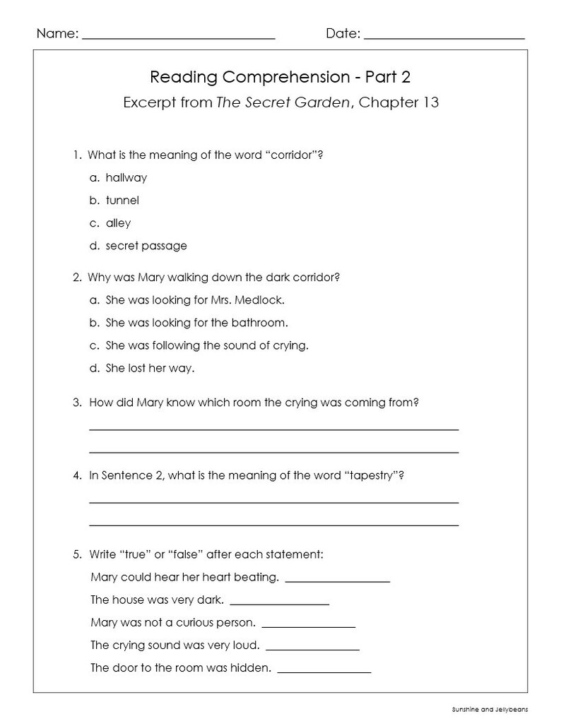 Reading Comprehension - the Secret Garden - Chapter 13 - Grades 3-4 ...