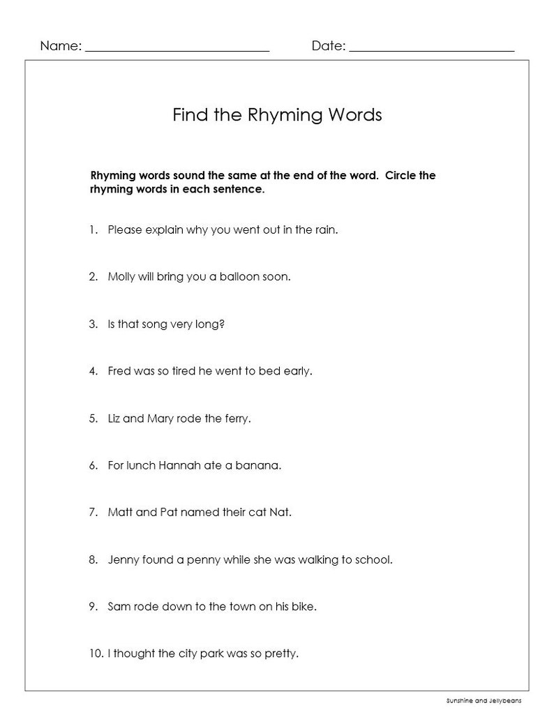 Rhyming Words - 4 Worksheets - Great Practice! - Grades 1, 2 and 3 ...