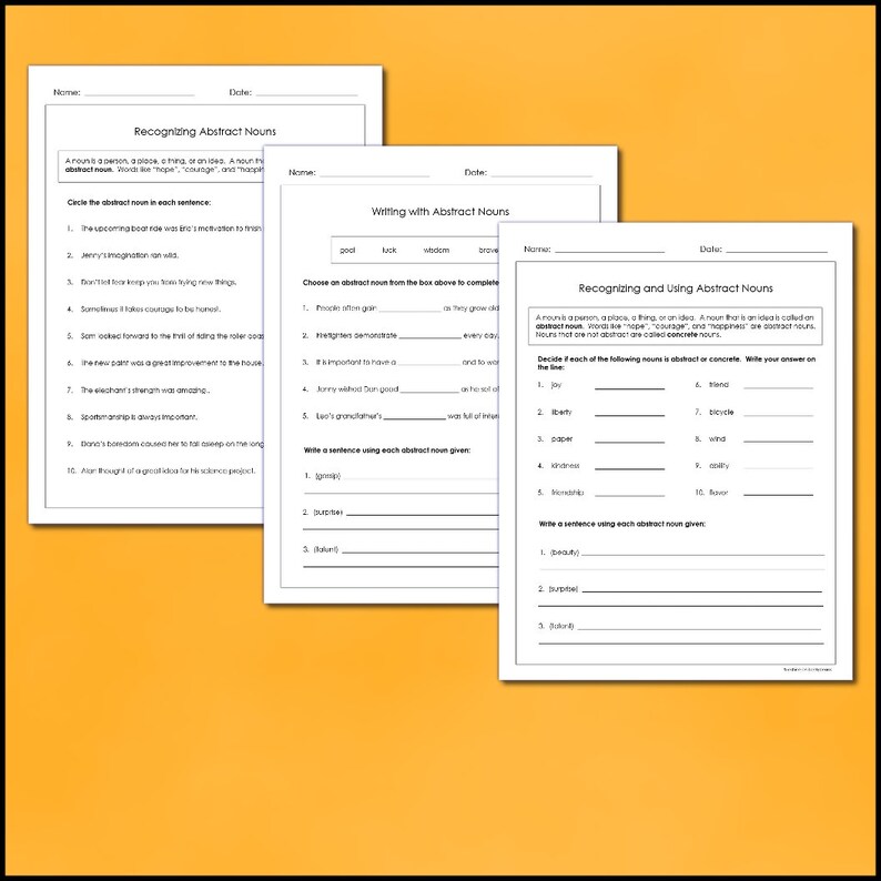 Abstract Nouns - 3 Worksheets - Grades 3-4 - Great Practice! - CCSS ...