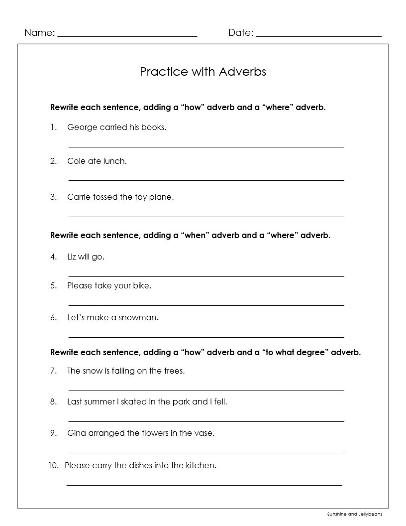 Types of Adverbs - Where / When / How - 5 Practice Worksheets - Grades ...