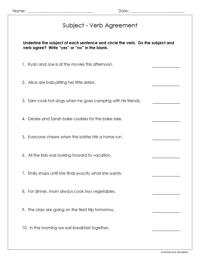 Subject Verb Agreement Worksheets: Parts of Speech, Writing, Grammar No ...