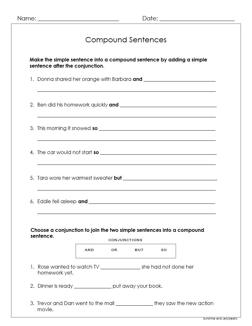 Compound Sentences and Conjunctions - Grades 1-2 - 4 Worksheets - CCSS ...