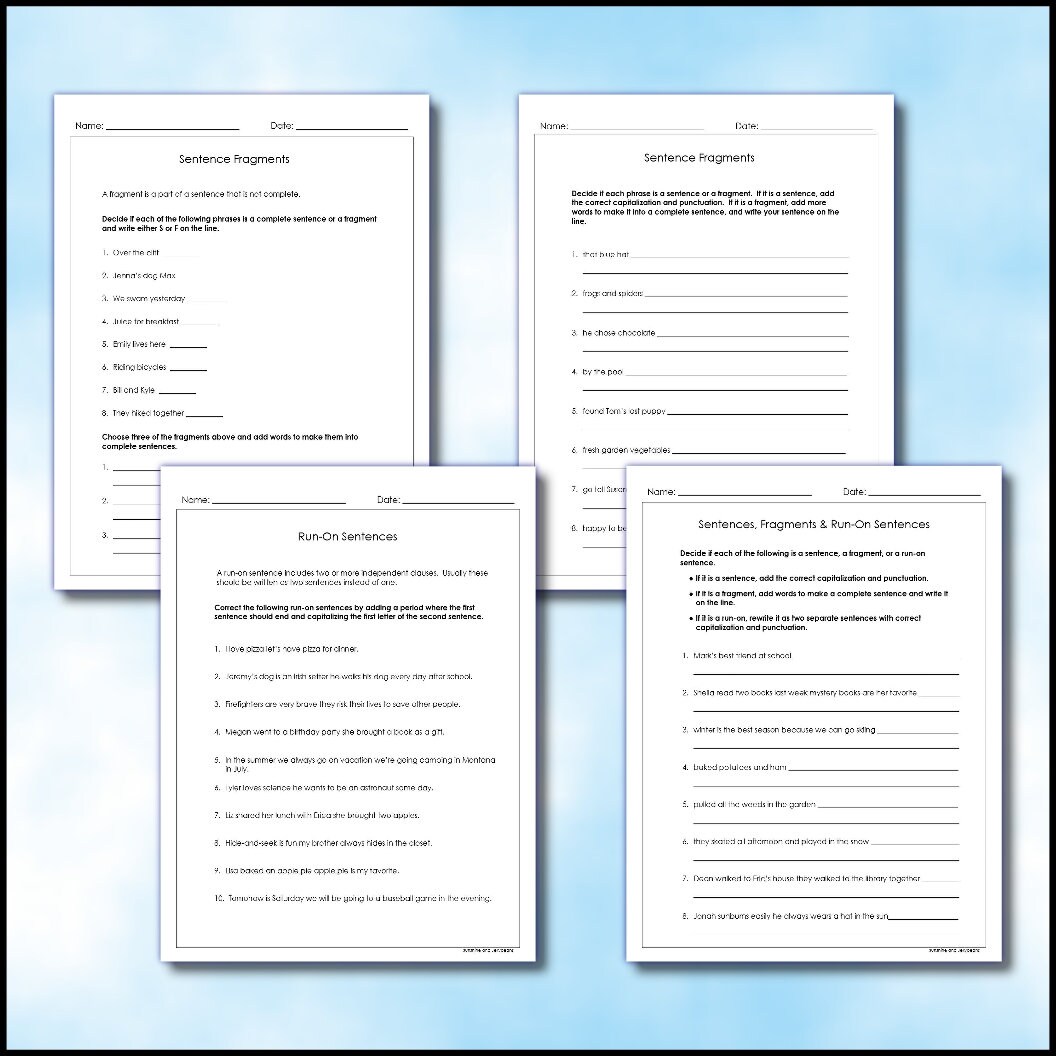 Sentences, Fragments, Run-on Sentences - Writing, Grammar 4 No-prep ...