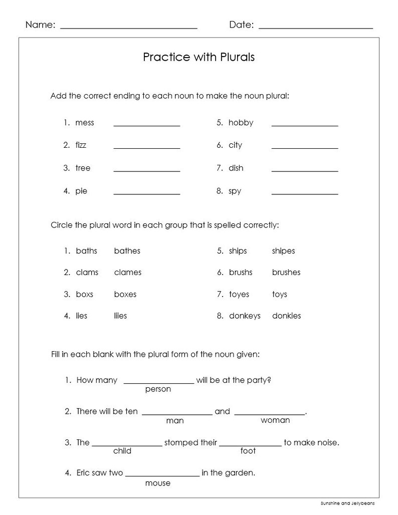 Plural Nouns - Regular and Irregular - 8 Worksheets - Grades 2-3 - CCSS ...