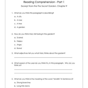 Reading Comprehension - "the Secret Garden" Excerpts - 6 Worksheets ...