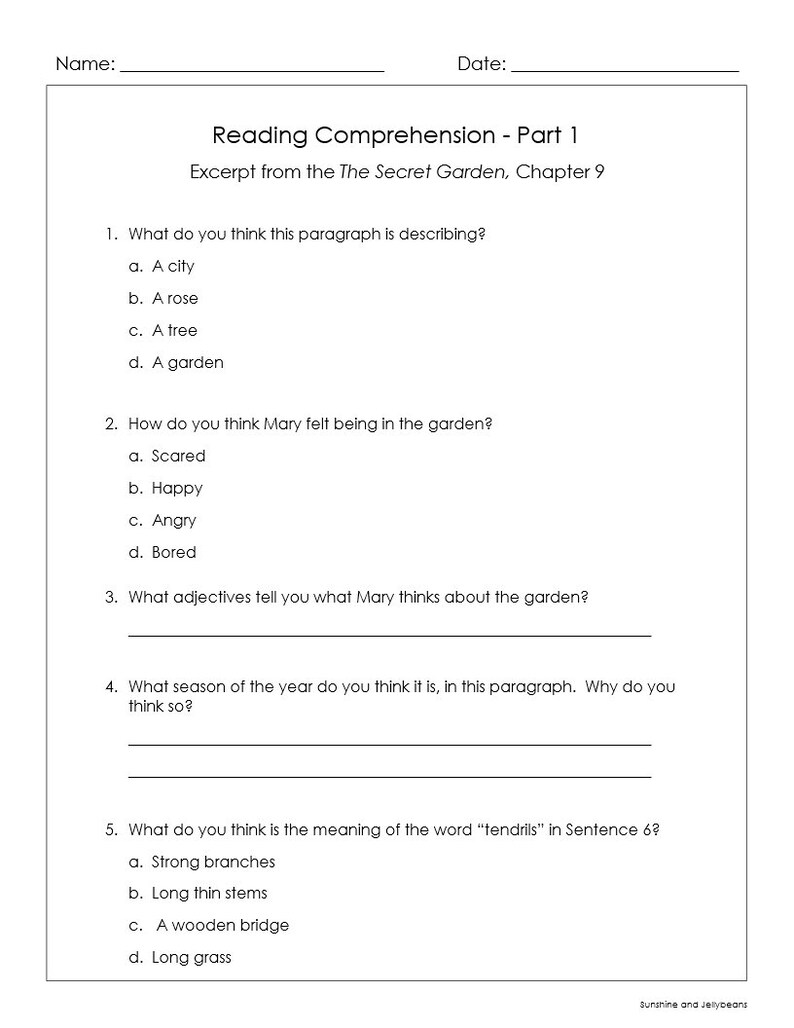 Reading Comprehension - "the Secret Garden" Excerpts - 6 Worksheets ...