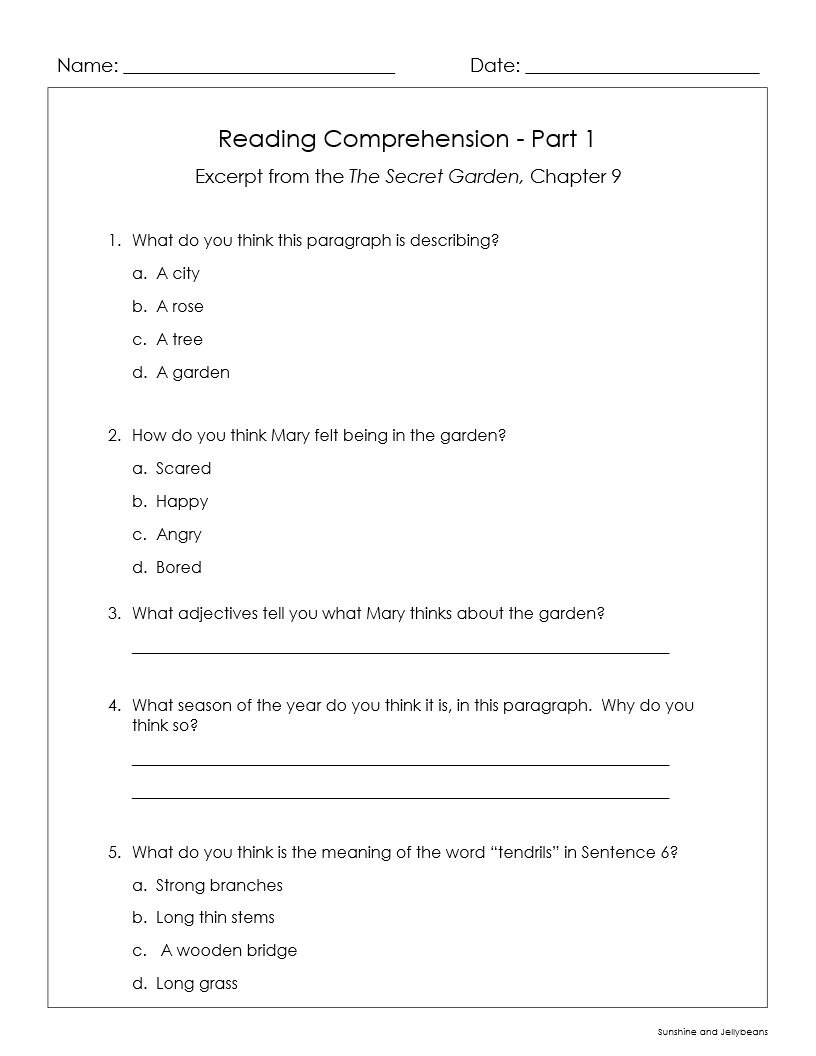 Reading Comprehension - "the Secret Garden" Excerpts - 6 Worksheets ...