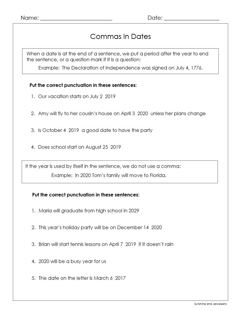Commas in Dates Places Lists Letters Grades 2-3-4 7 Worksheets CCSS Pdf ...