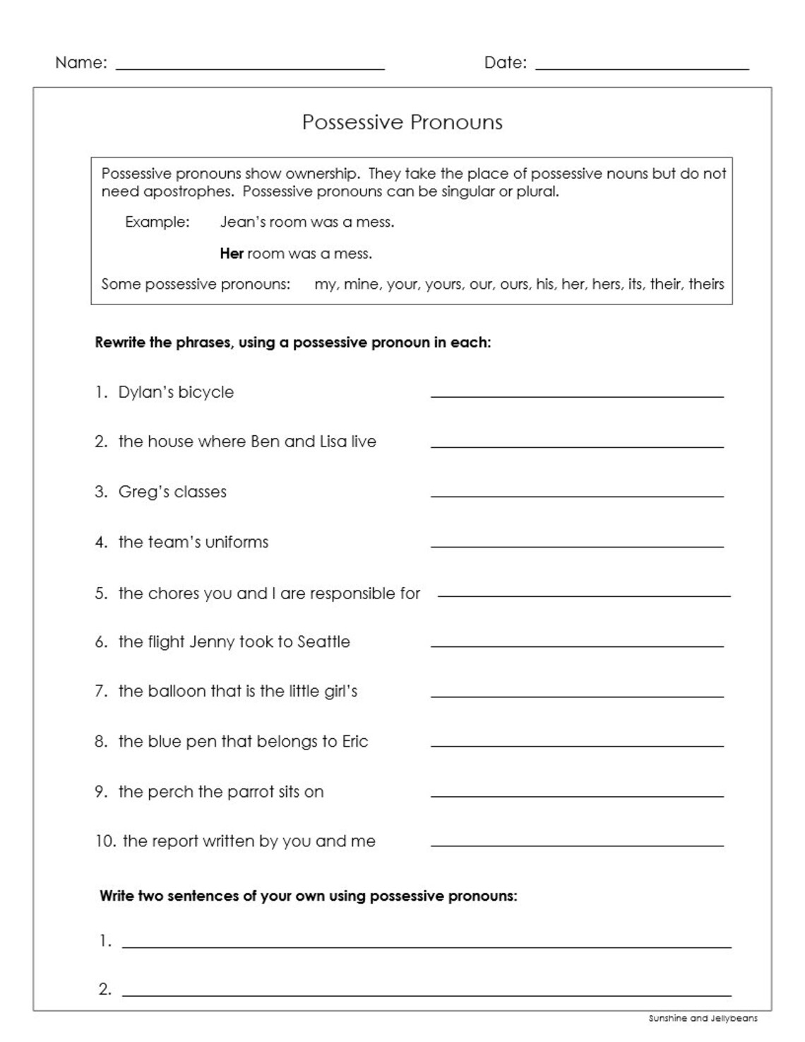 Possessive and Indefinite Pronouns - 4 Worksheets - Grades 4-5-6 ...