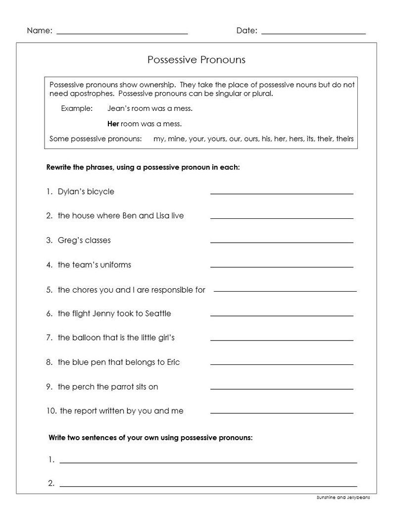 Possessive and Indefinite Pronouns - 4 Worksheets - Grades 4-5-6 ...