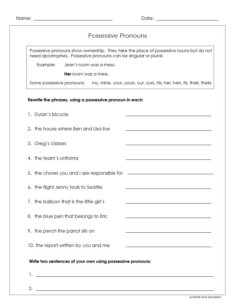 Possessive and Indefinite Pronouns - 4 Worksheets - Grades 4-5-6 ...