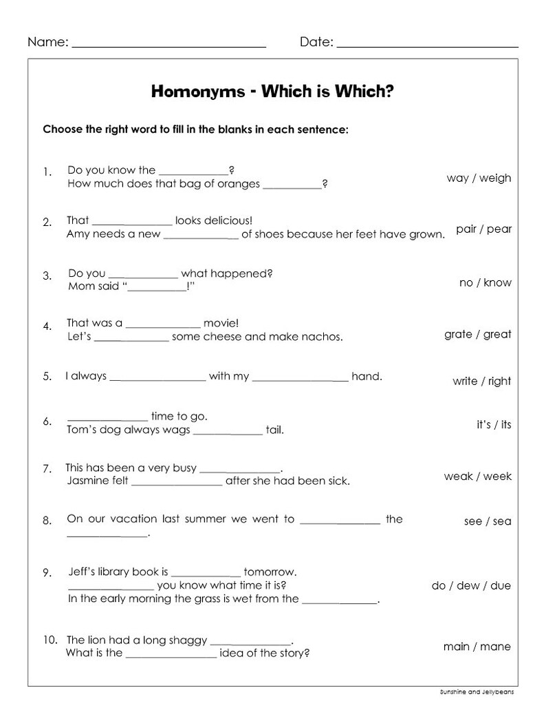 50 Homonyms - Sound-alike Words - Grade 3-4 - 5 Practice Worksheets ...