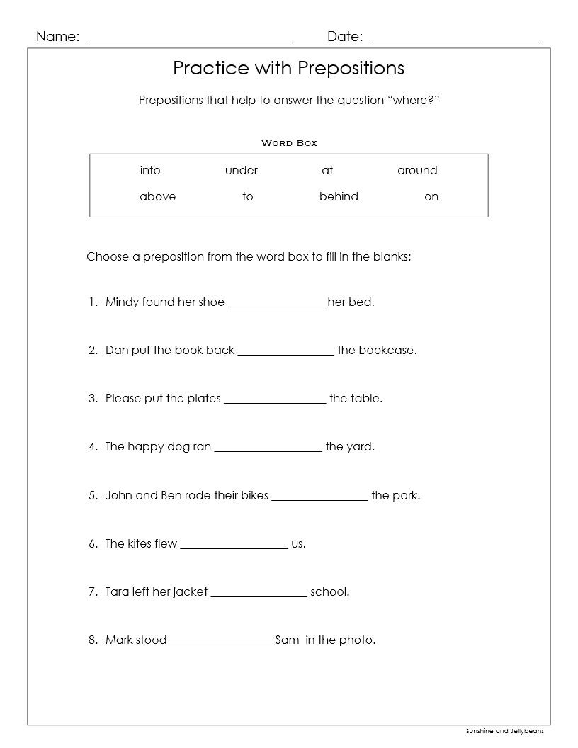 Practice With Prepositions 6 Worksheets Grades 1 2 Where-when-how CCSS ...