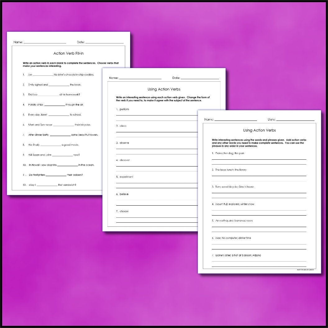 Action Verbs Practice - 3 Worksheets - Fill-in / Writing - Grades 3-4 ...