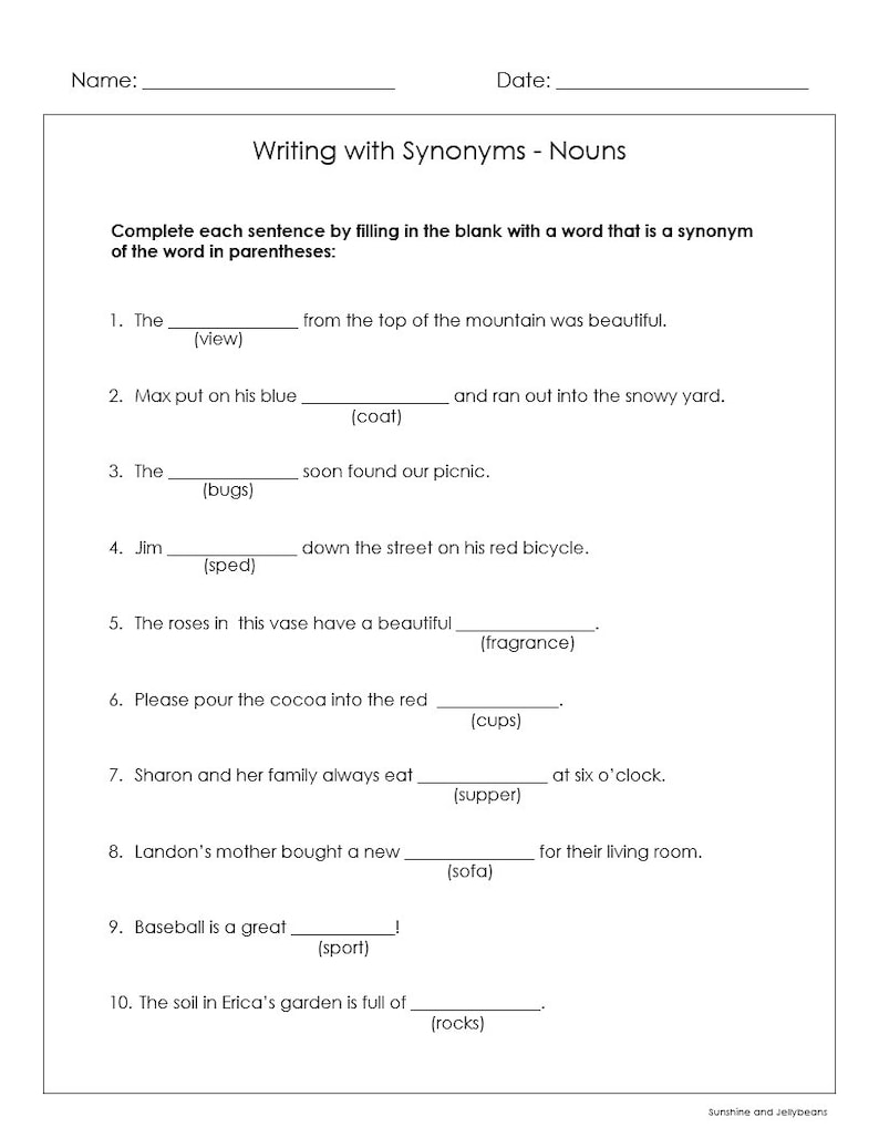 Synonyms - Adjectives, Verbs, Nouns, Adverbs - 9 Worksheets - Grades 4 ...