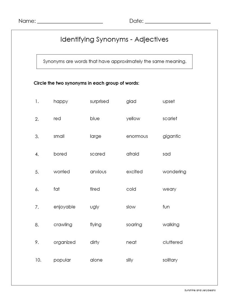 Synonyms - Adjectives, Verbs, Nouns, Adverbs - 9 Worksheets - Grades 4 ...