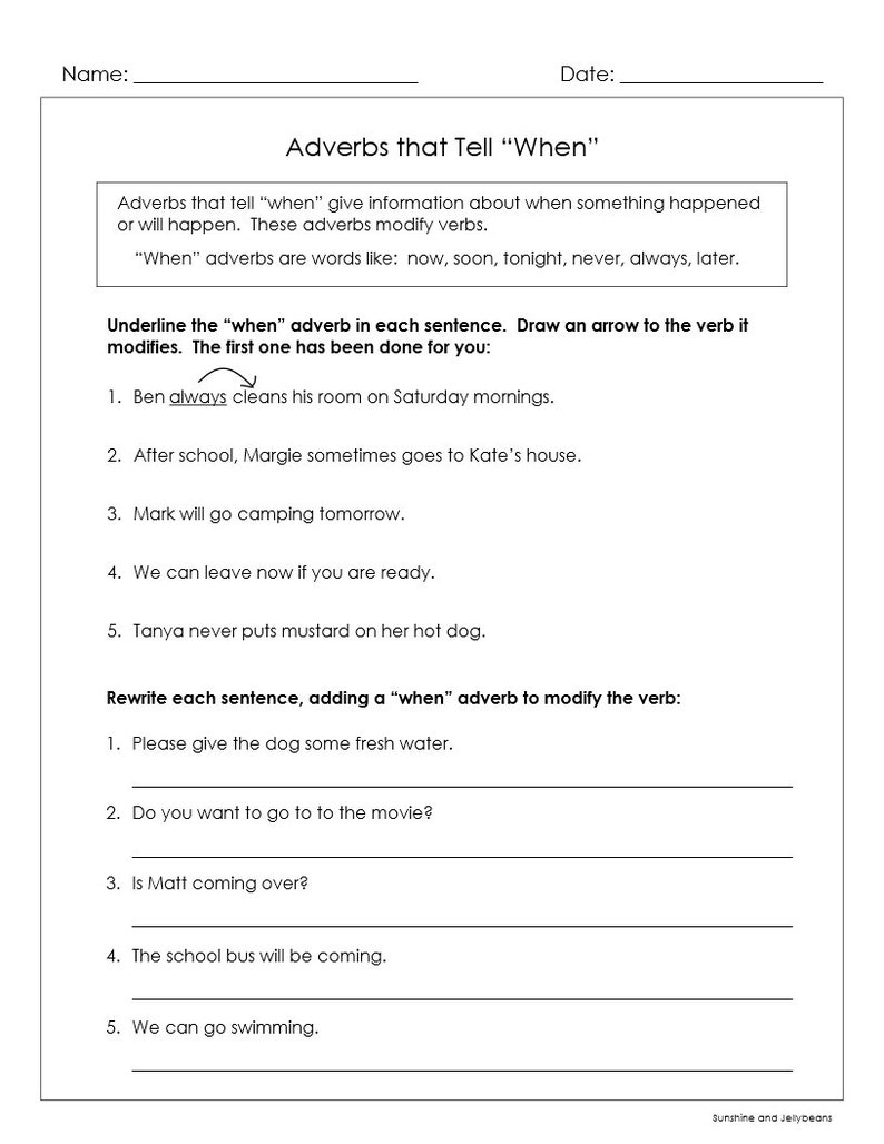 Adverbs That Tell When, Where and How - 4 Worksheets - Grades 2-3 ...