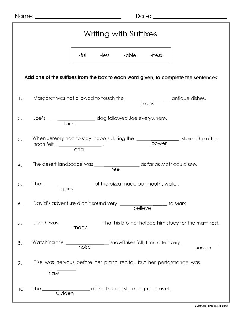 Suffixes: -ful, -less, -able, -ness / 3 Practice Worksheets - Grade 3-4 ...