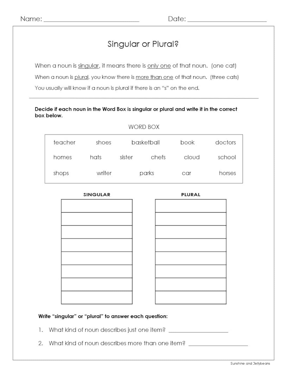 Singular and Plural Nouns - 4 Practice Worksheets - Grades 1-2 - CCSS ...