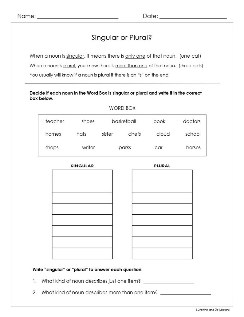 Singular and Plural Nouns - 4 Practice Worksheets - Grades 1-2 - CCSS ...
