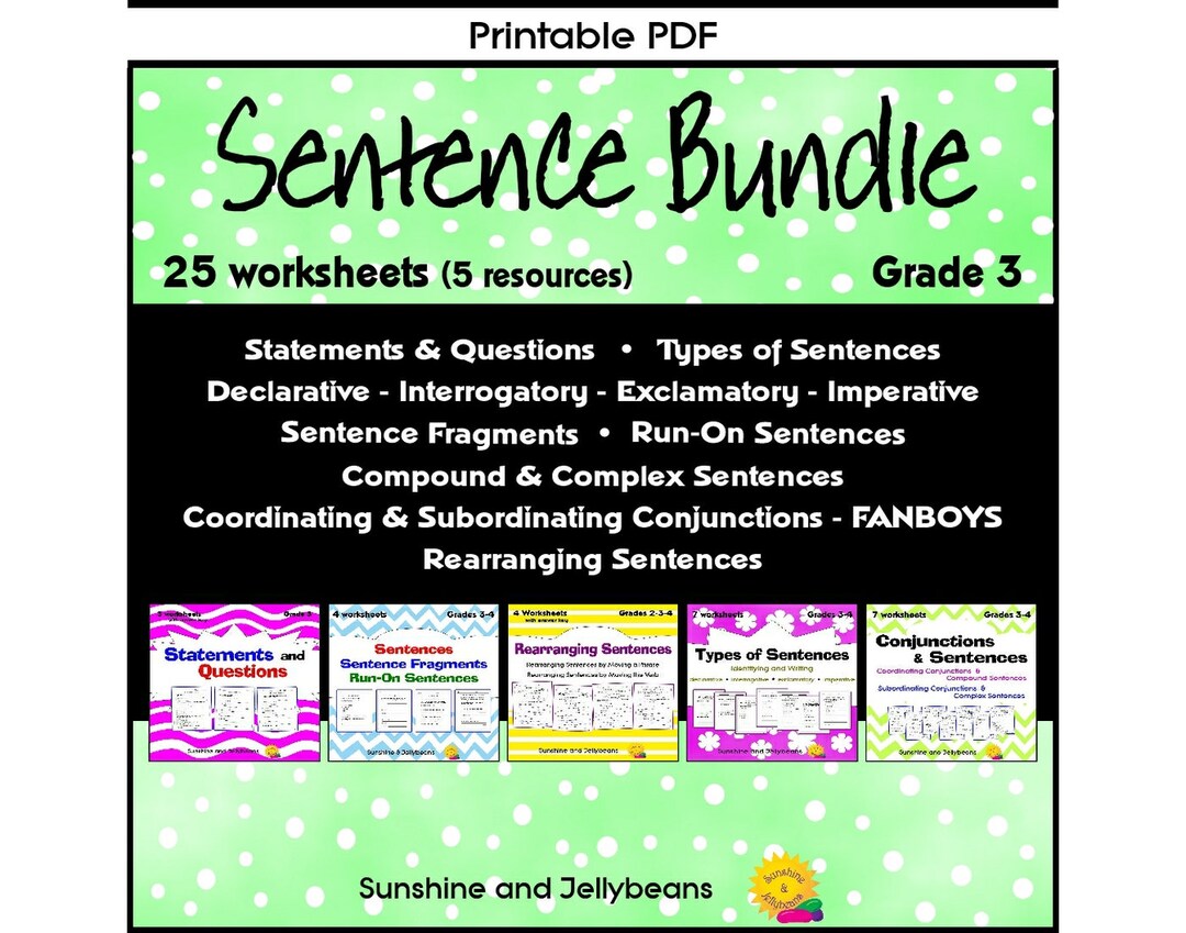 Grade 3 Sentence BUNDLE - Types of Sentences / Conjunctions / Fragments ...