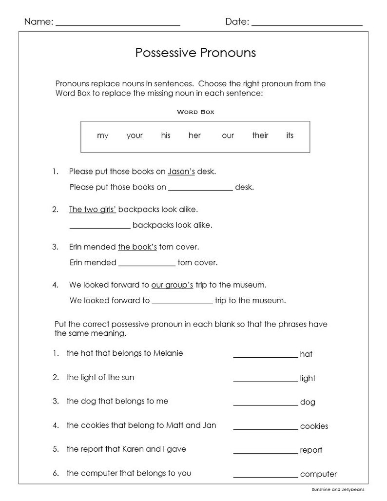 Practice With Pronouns - Personal & Possessive 3 Worksheets - Grades 1 ...