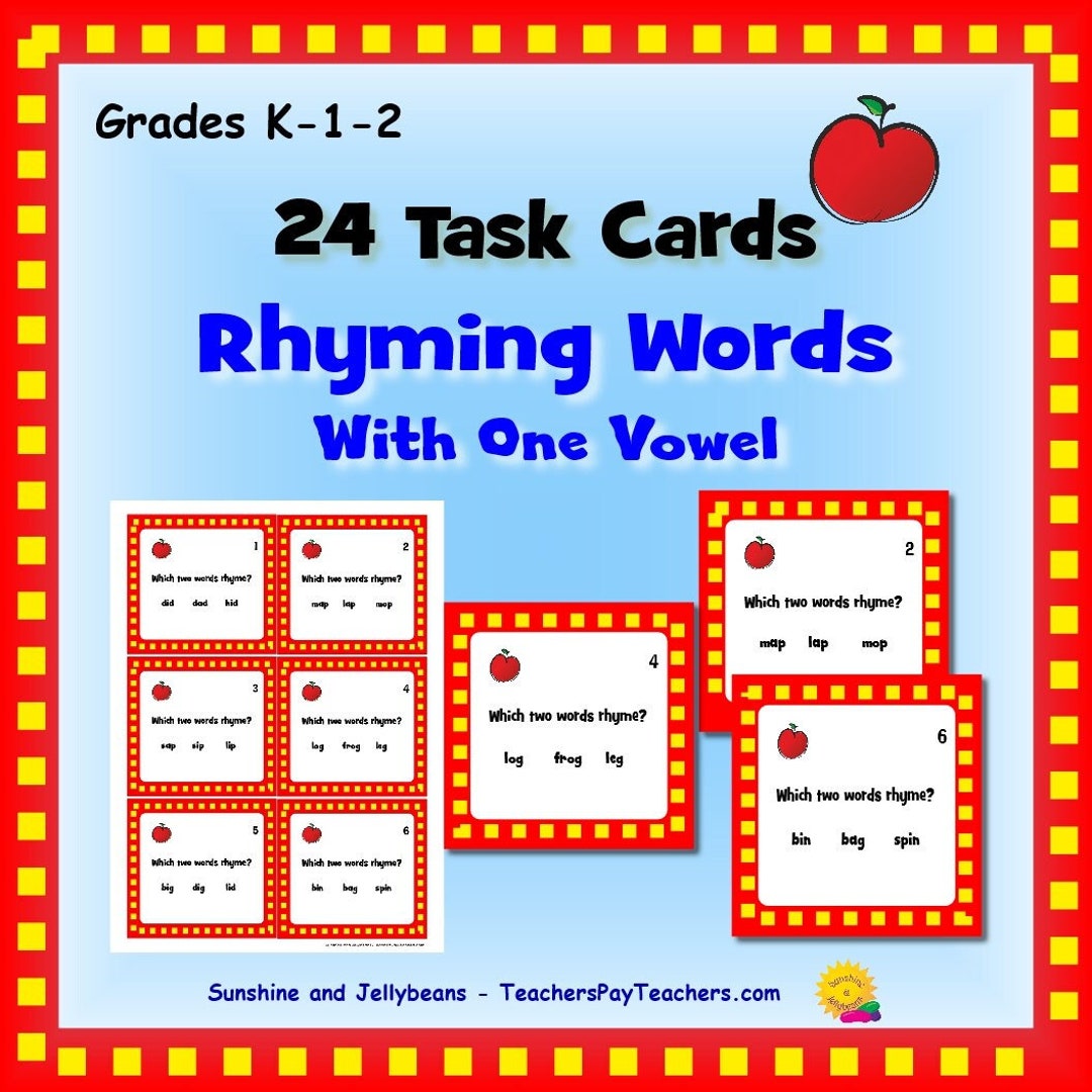 Rhyming Words - One Vowel - Grades K-1-2 Task Cards - Fun Activity ...