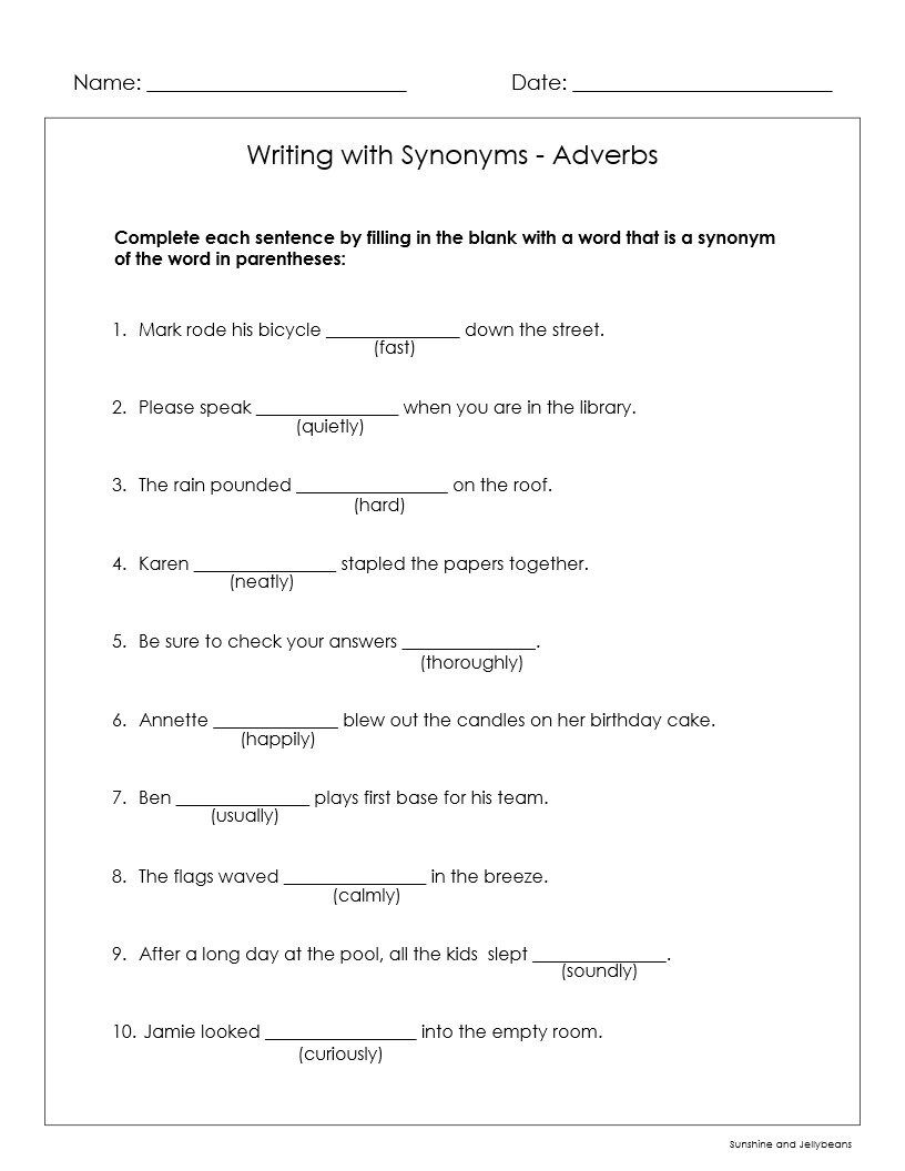 Synonyms Adjectives, Verbs, Nouns, Adverbs 9 Worksheets Grades 4-5 CCSS ...