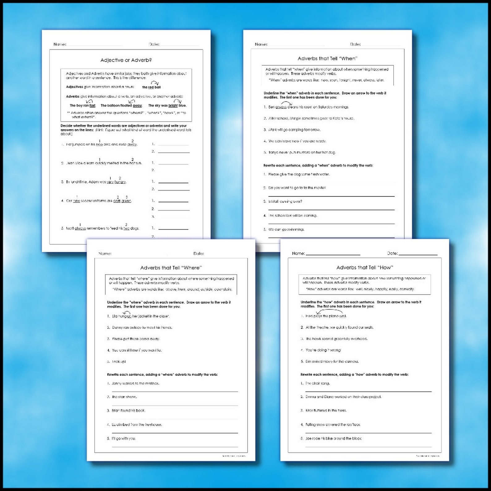 Adverbs That Tell When, Where and How - 4 Worksheets - Grades 2-3 ...