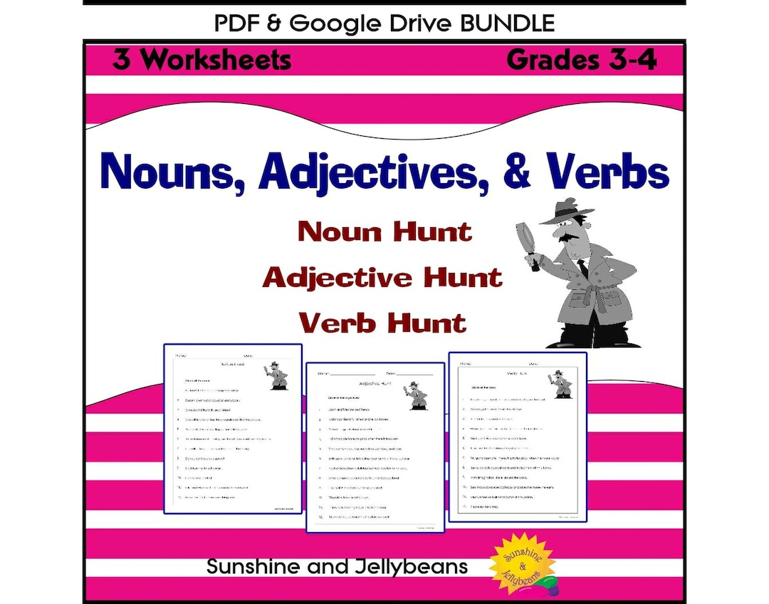 Nouns, Adjectives, Verbs - 3 Worksheets - Grades 3-4 - Great Practice ...