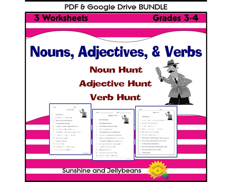 Nouns, Adjectives, Verbs - 3 Worksheets - Grades 3-4 - Great Practice ...