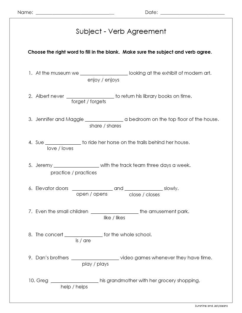 Subject Verb Agreement Worksheets: Parts of Speech, Writing, Grammar No ...