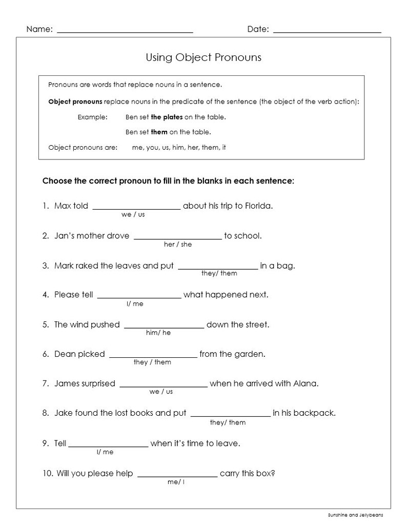 Subject and Object Pronouns - 3 Worksheets - Grades 3-4 - With ...