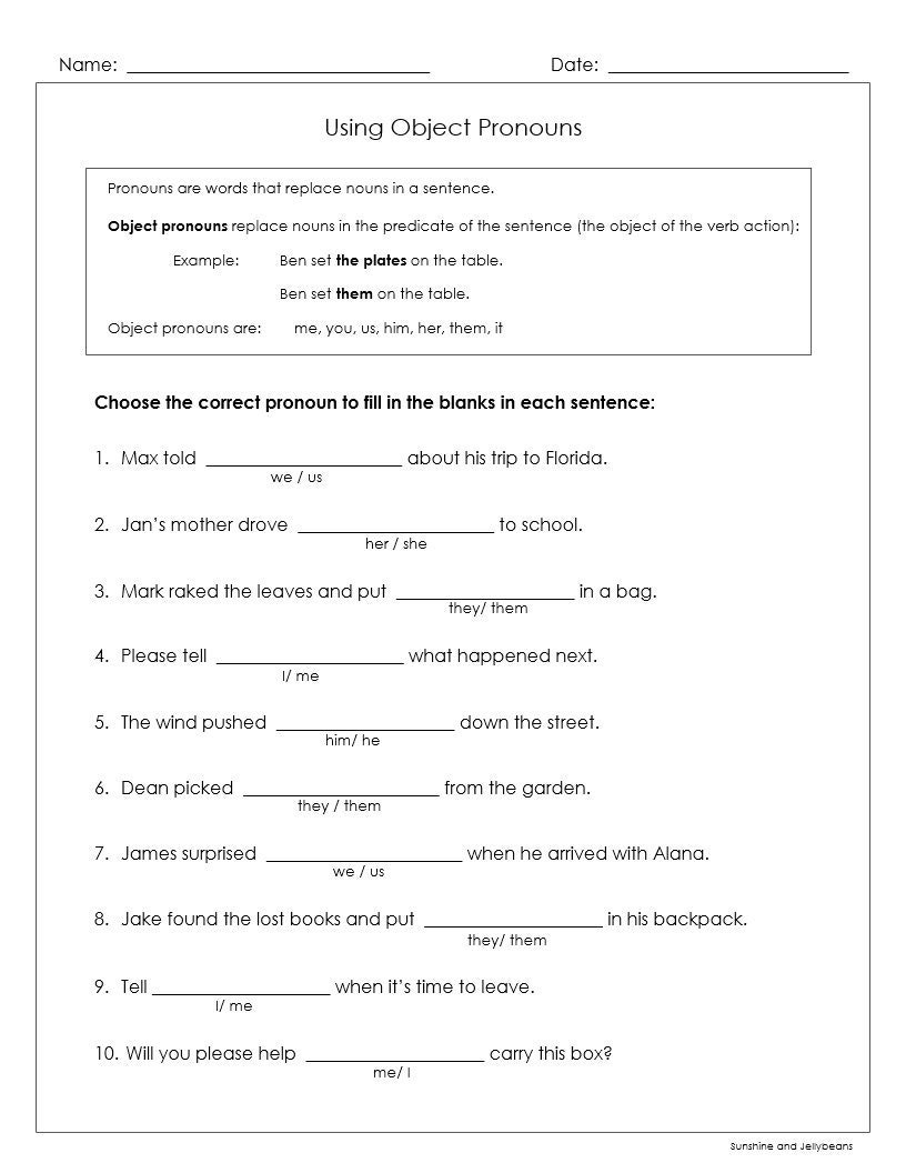 Subject and Object Pronouns - 3 Worksheets - Grades 3-4 - With ...