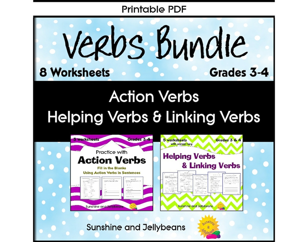 Verbs Worksheets Bundle: Action, Helping and Linking Verbs - Grades 3-4 ...