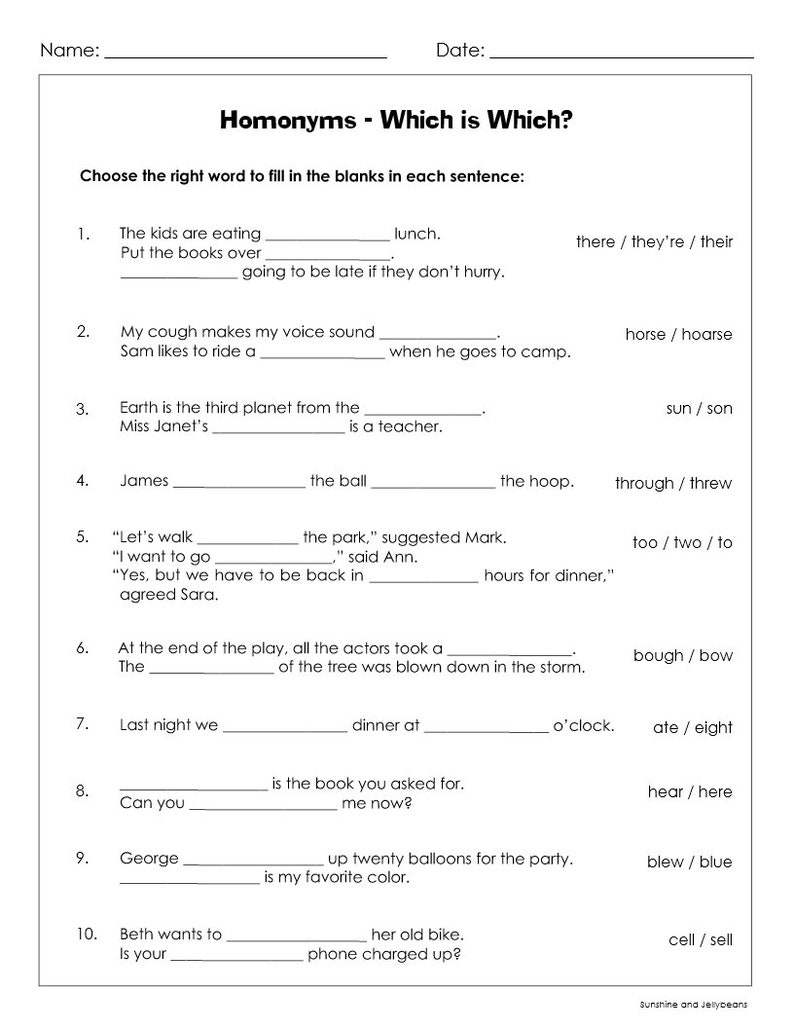 50 Homonyms - Sound-alike Words - Grade 3-4 - 5 Practice Worksheets ...