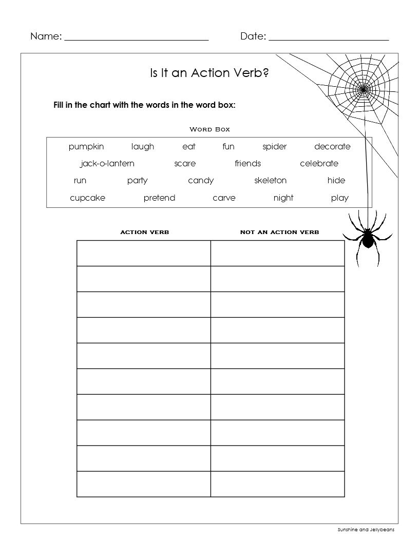 Action Verbs Practice - 3 Halloween Themed Worksheets - Grades 2-3 ...