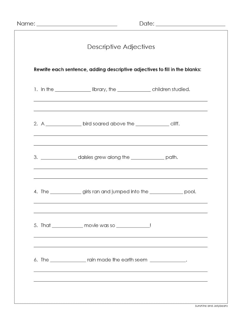 Descriptive Adjectives Recognizing and Writing 4 Worksheets Grades 3-4 ...