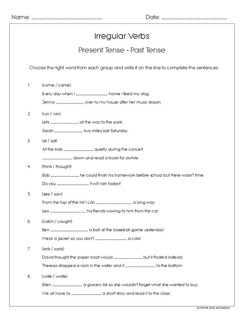 Irregular Verbs - Present Tense / Past Tense - 4 Worksheets - Grades 2 ...