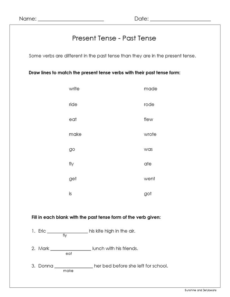 Present Tense - Past Tense - 3 Verbs Worksheets - Grades 1-2 - Great ...
