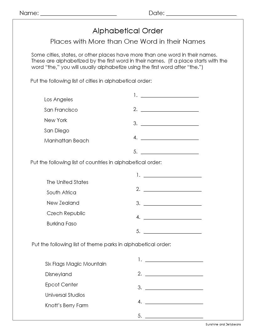 Alphabetical Order - Words, People & Places - 4 Worksheets - Grades 2-3 ...