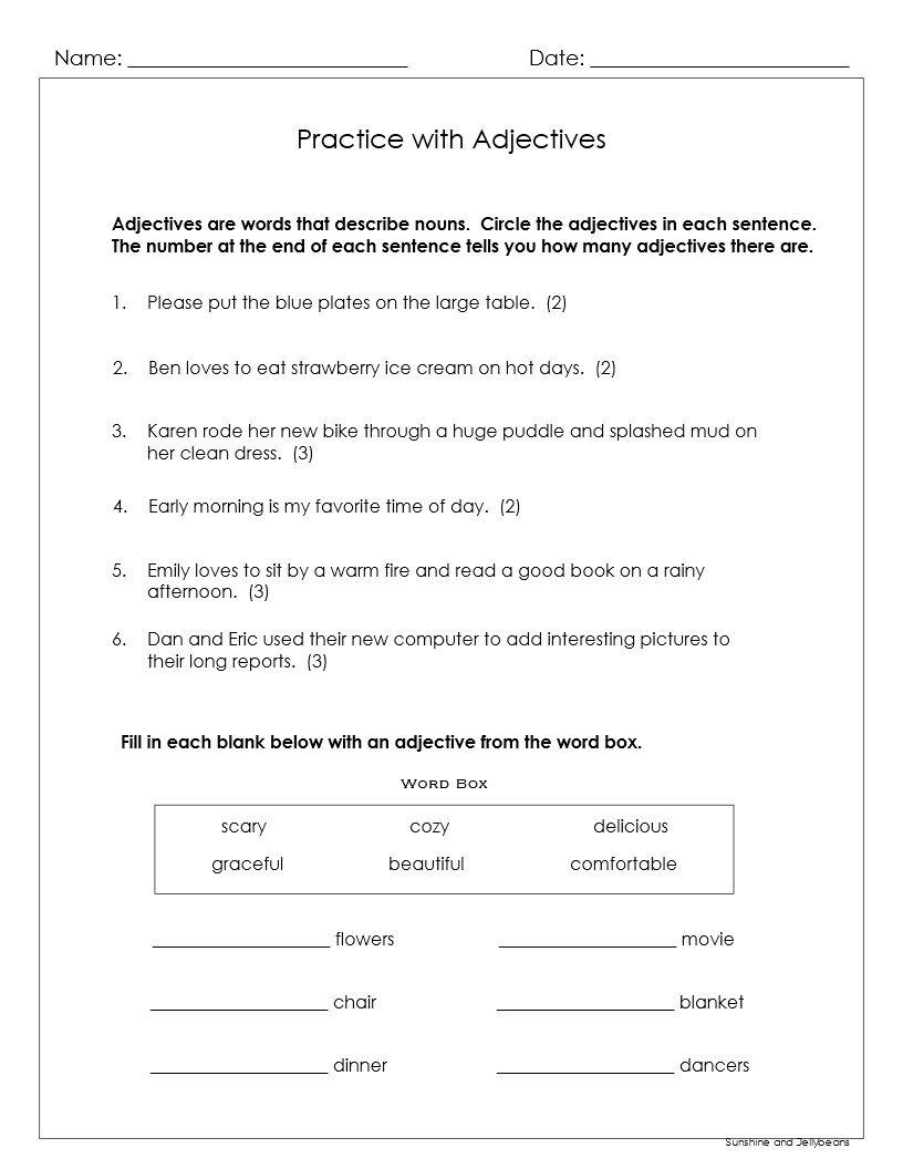 Adjectives Practice 5 Worksheets and Answer Key Grade 2 CCSS Pdf/google ...
