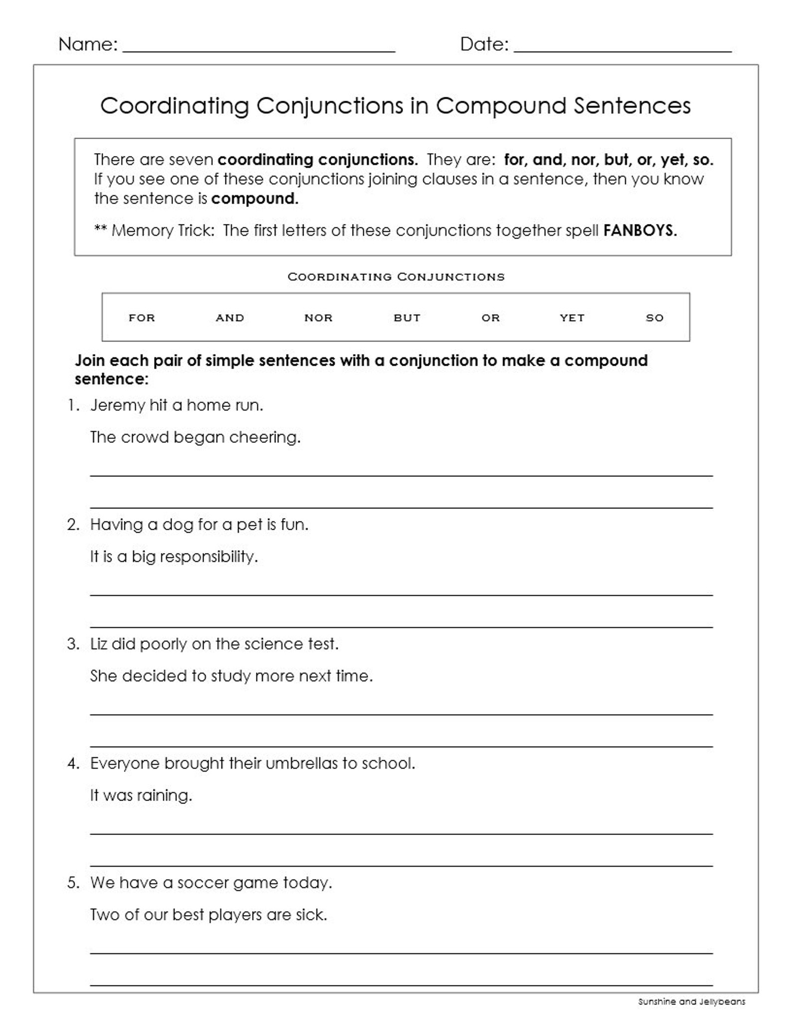 Coordinating and Subordinating Conjunctions - FANBOYS - 7 Worksheets ...