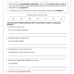 Coordinating and Subordinating Conjunctions - FANBOYS - 7 Worksheets ...