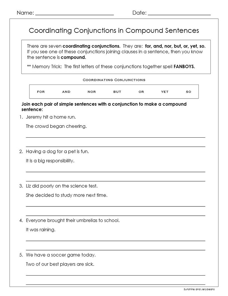 Coordinating and Subordinating Conjunctions - FANBOYS - 7 Worksheets ...